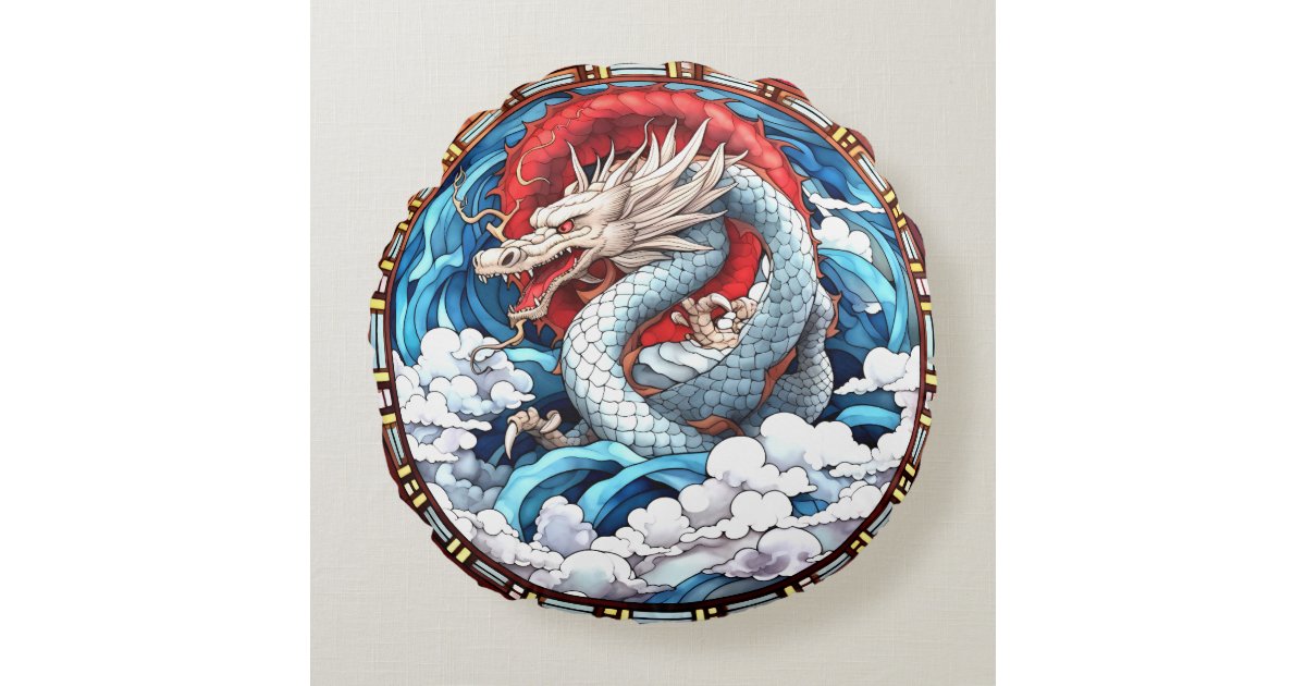Asian Mythical Dragon in Red and Blue Round Pillow | Zazzle