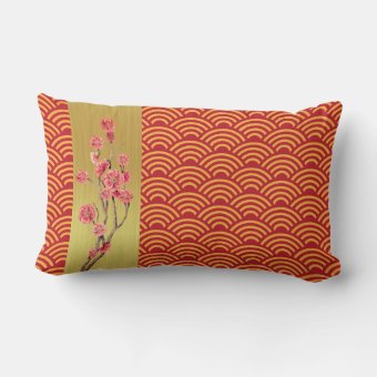 Asian Red Gold Waves with Cherry Blossoms Accent Lumbar Pillow | Zazzle
