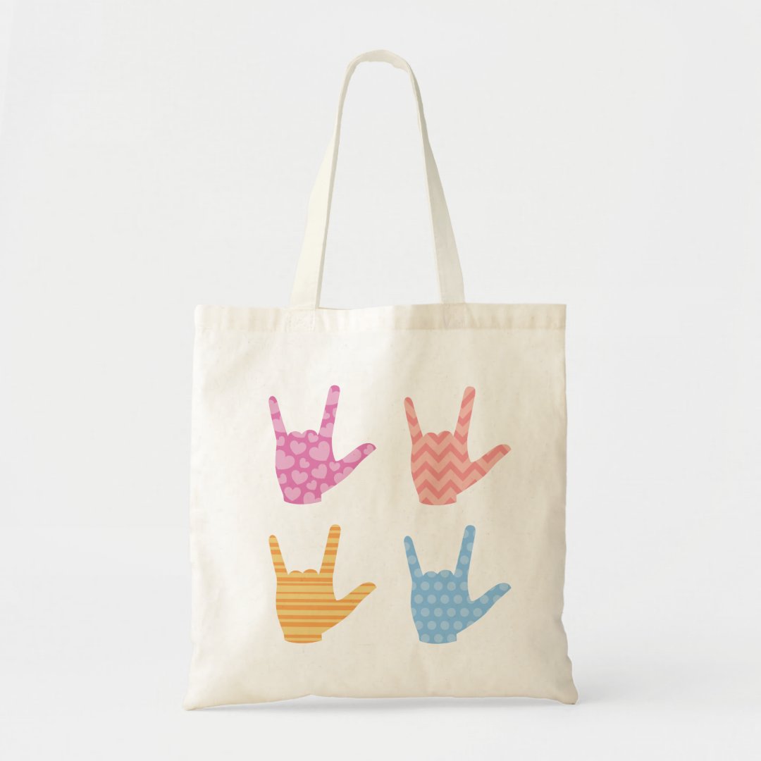 ASL Sign Language I Love You in Bright Patterns Tote Bag | Zazzle
