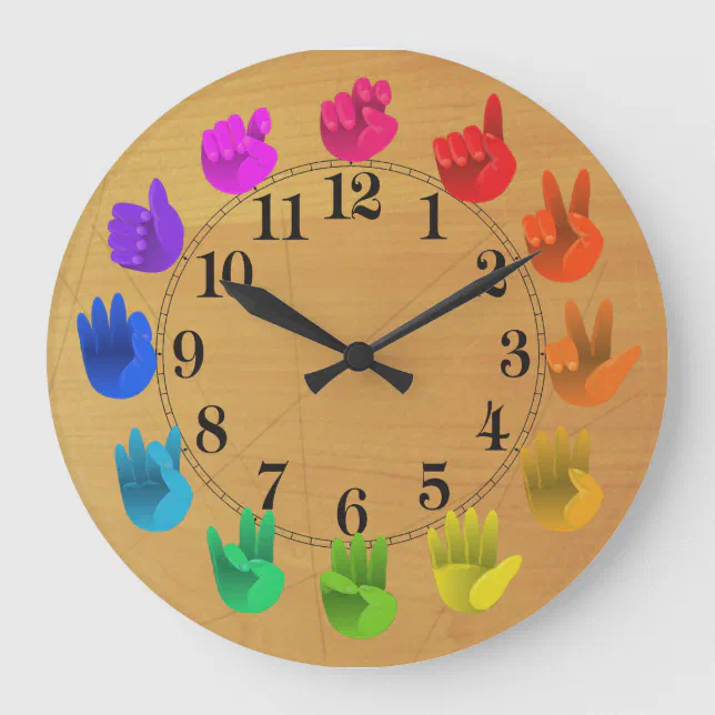 ASL Sign language rainbow color wheel wood Large Clock | Zazzle