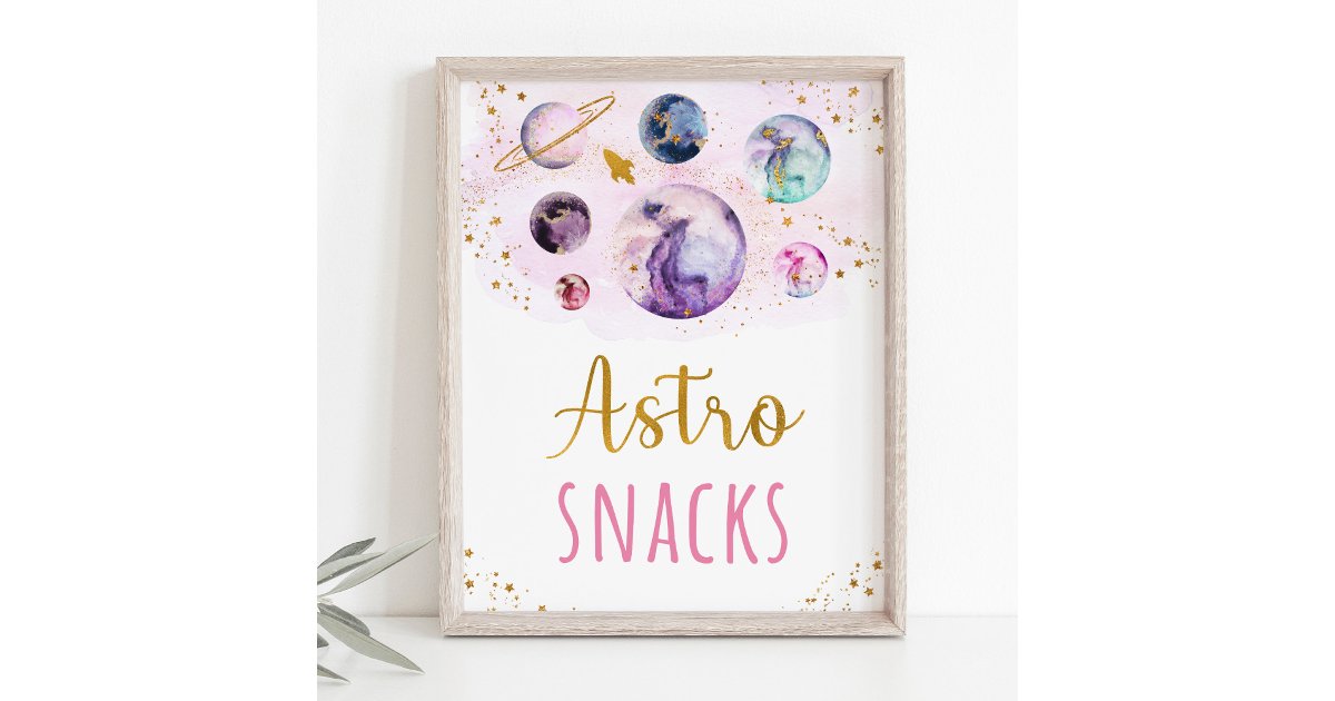 Astro Snacks Pink Gold Space Birthday Poster | Zazzle