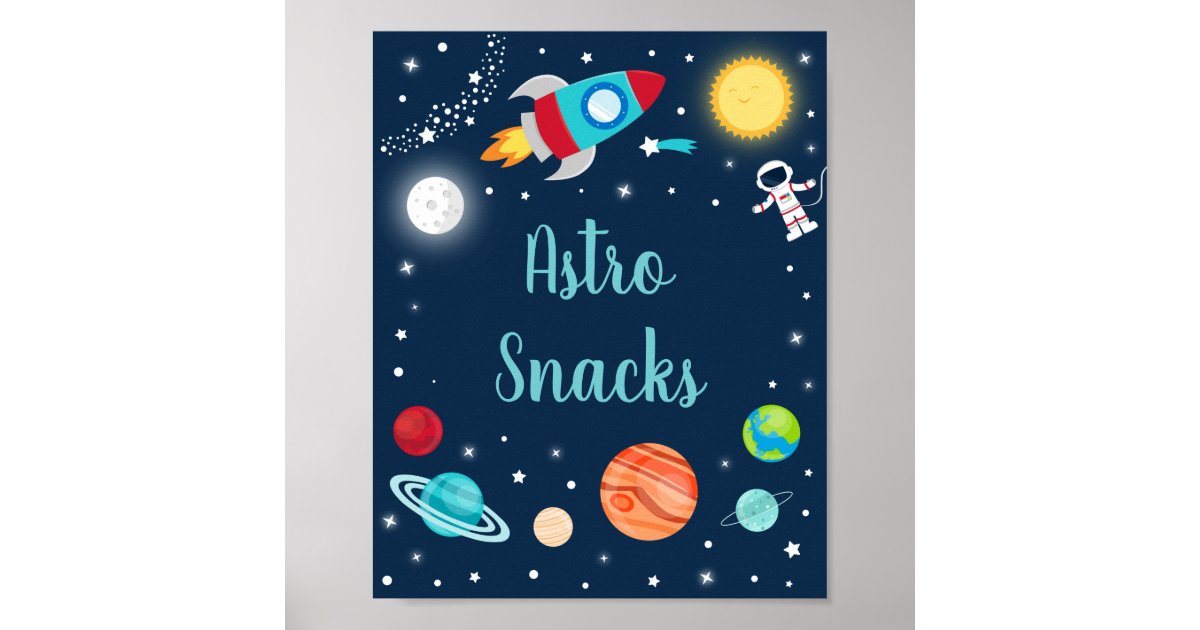 Astro Snacks Space Rocket Ship Planets Birthday Poster | Zazzle