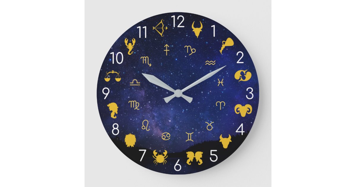 Astrology Zodiac Symbols Blue And Gold Celestial Large Clock | Zazzle