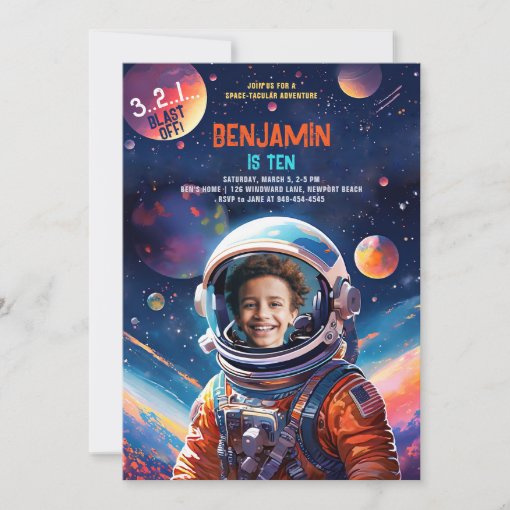 Astronaut Deep Space Sky Planets Photo Birthday Invitation | Zazzle