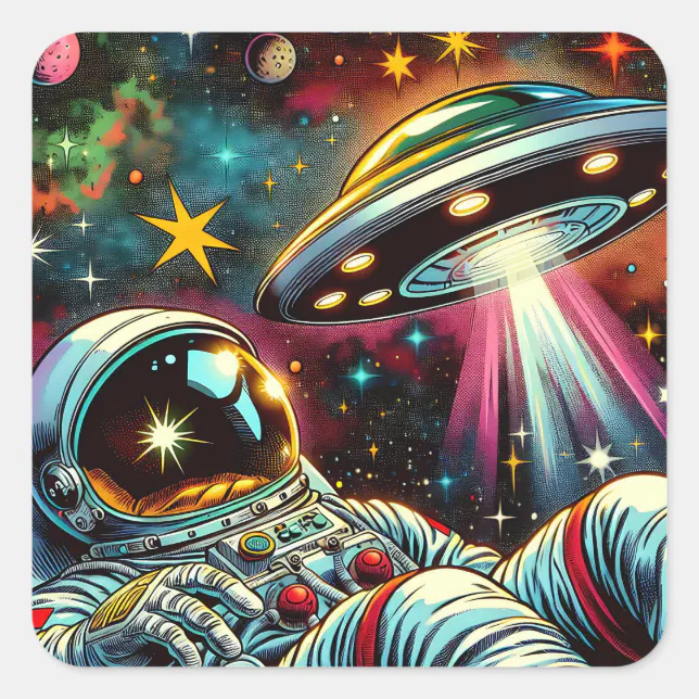 Astronaut Floating in Space with a UFO Ai Art Square Sticker | Zazzle