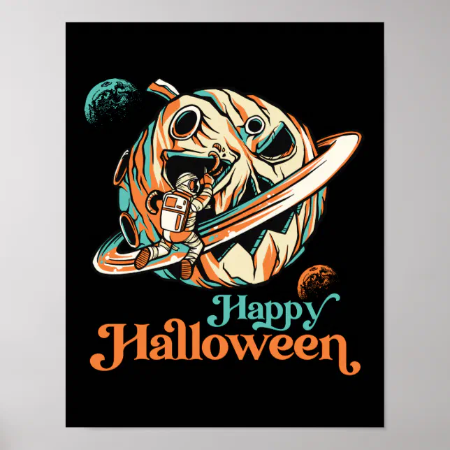Astronaut in Outer Space Pumpkin Planet Halloween Poster | Zazzle