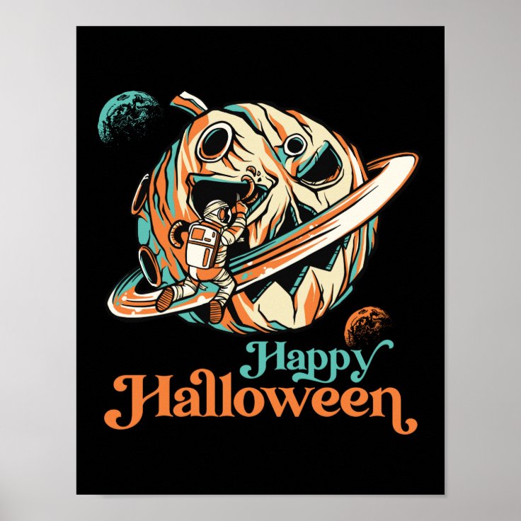 Astronaut in Outer Space Pumpkin Planet Halloween Poster | Zazzle