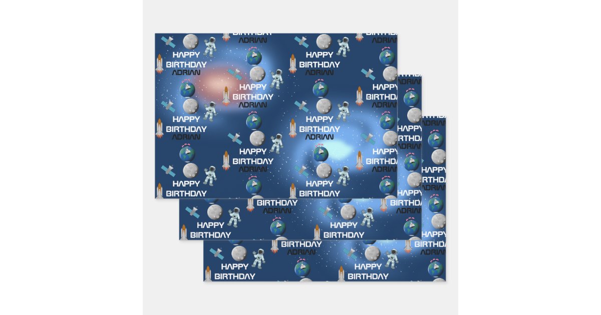 Astronaut in Space Galaxy Theme Birthday Name Wrapping Paper Sheets ...