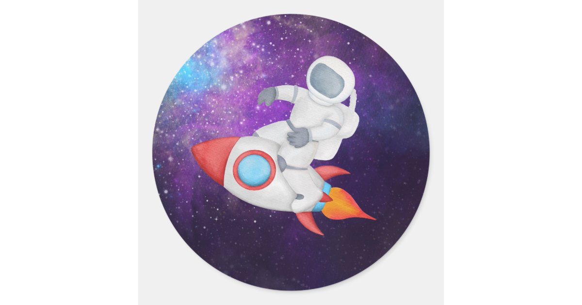 Astronaut on rocket classic round sticker | Zazzle