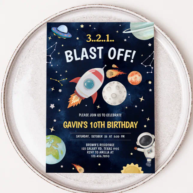 Astronaut Outer Space Blast Off Birthday Party Invitation | Zazzle