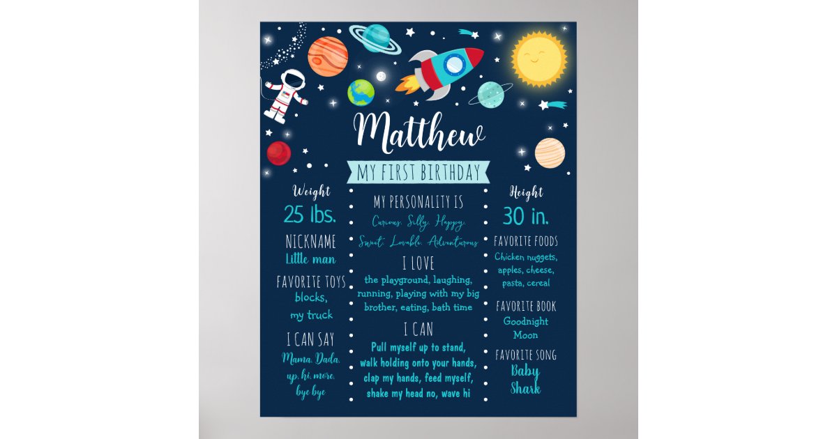 Astronaut Outer Space First Birthday Milestone Poster | Zazzle
