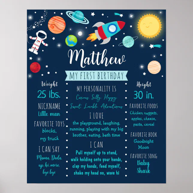 Astronaut Outer Space First Birthday Milestone Poster | Zazzle