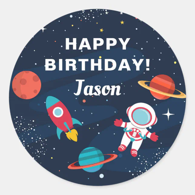 Astronaut Outer Space Rocket Ship Birthday Classic Round Sticker | Zazzle