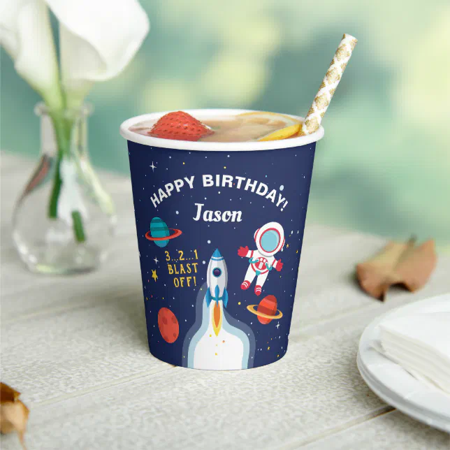 Astronaut Outer Space Rocket Ship Birthday Paper Cups | Zazzle
