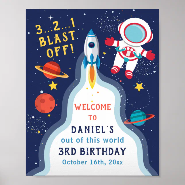 Astronaut Outer Space Rocket Ship Birthday Welcome Poster | Zazzle