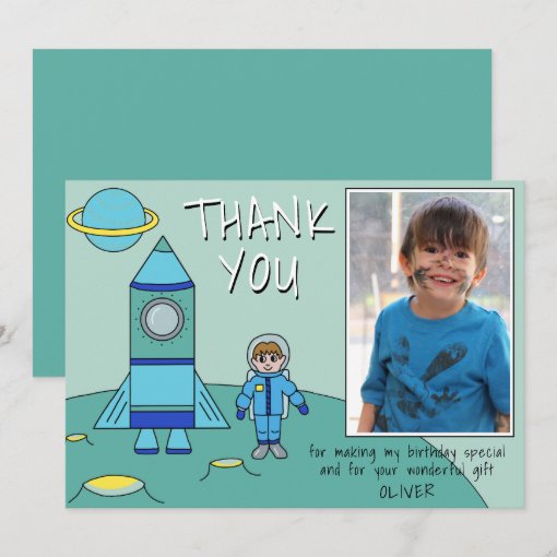 Astronaut Rocket Birthday Photo Thank you Card | Zazzle