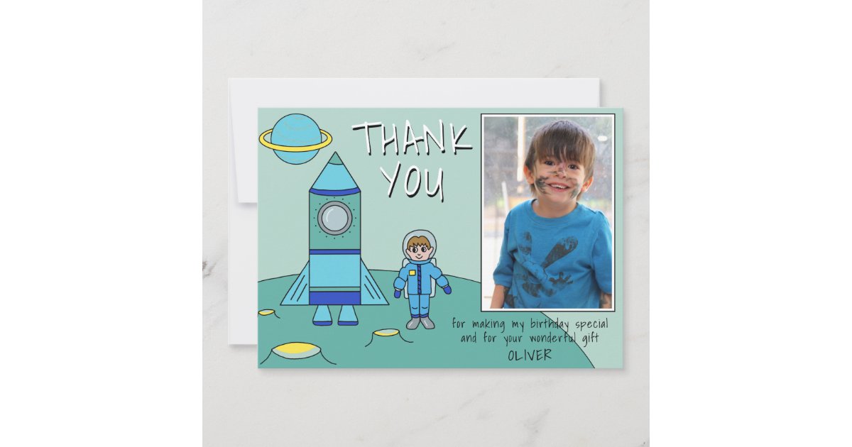 Astronaut Rocket Birthday Photo Thank you Card | Zazzle