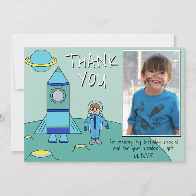 Astronaut Rocket Birthday Photo Thank you Card | Zazzle