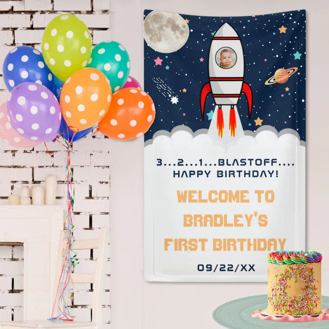 Astronaut Rocket Outer Space 1st Birthday Photo Banner | Zazzle