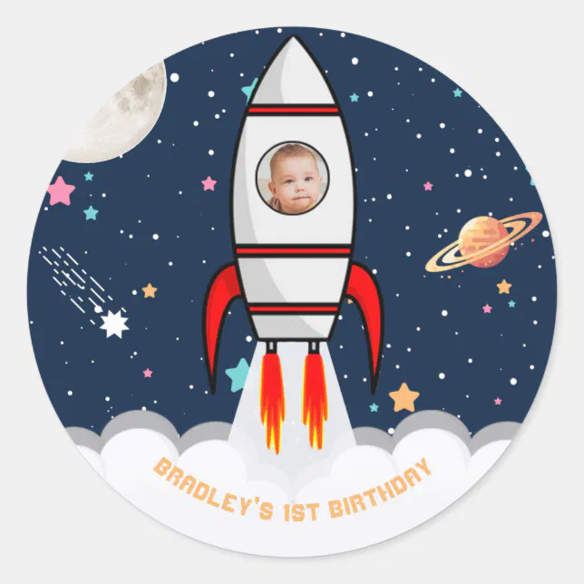 Astronaut Rocket Outer Space 1st Birthday Photo Classic Round Sticker ...