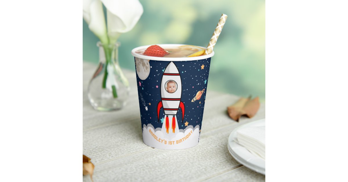 Astronaut Rocket Outer Space 1st Birthday Photo Paper Cups | Zazzle