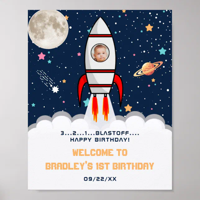 Astronaut Rocket Outer Space 1st Birthday Photo Poster | Zazzle