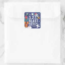 Astronaut Rocket Ship Outer Space BLAST OFF Square Sticker | Zazzle