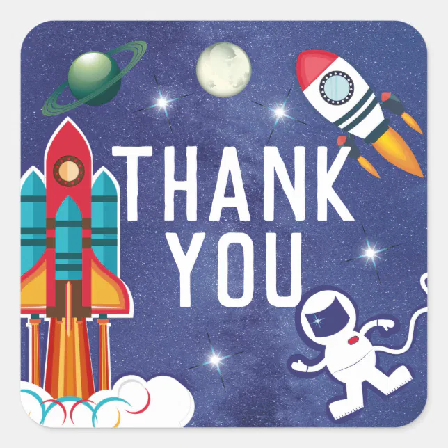 Astronaut Rocket Ship Outer Space Thank You Square Sticker | Zazzle