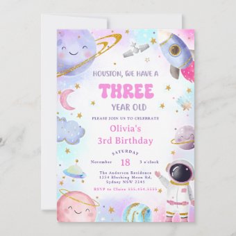 Astronaut Space Countdown 3rd Birthday Moon Invitation | Zazzle