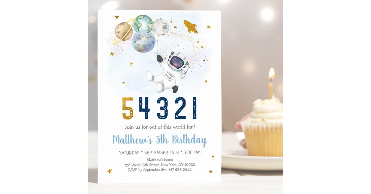Astronaut Space Countdown 5th Birthday Invitation | Zazzle