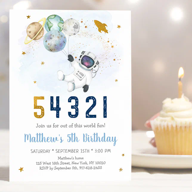 Astronaut Space Countdown 5th Birthday Invitation | Zazzle