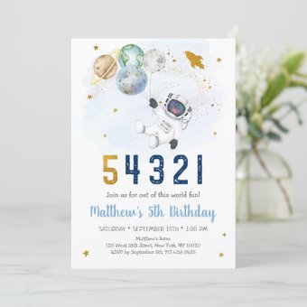 Astronaut Space Countdown 5th Birthday Invitation | Zazzle