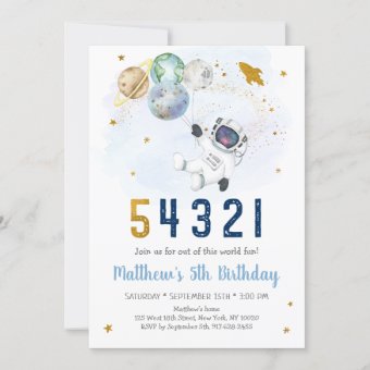 Astronaut Space Countdown 5th Birthday Invitation | Zazzle