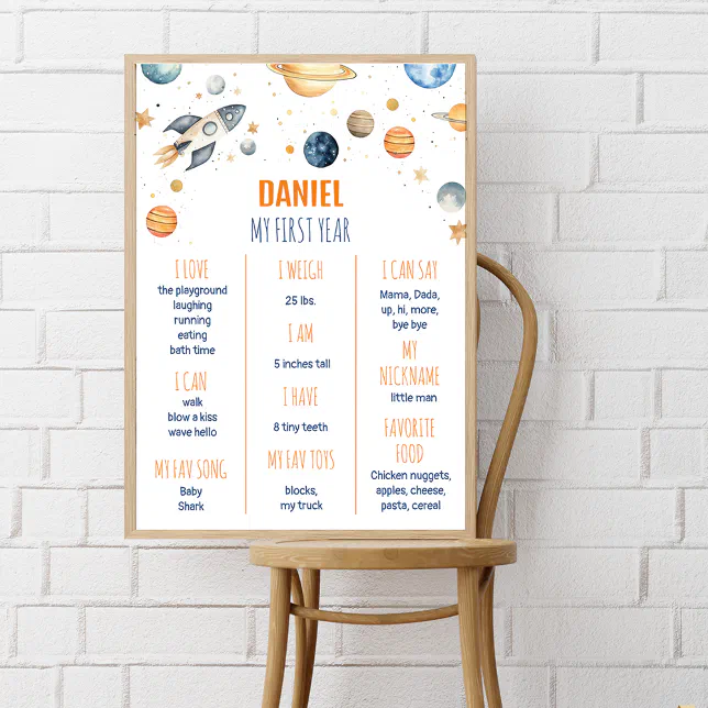 Astronaut Space First Birthday Party Milestone Poster | Zazzle