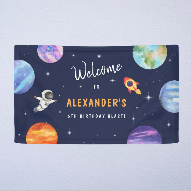 Astronaut Space Planets Birthday Blue Welcome Banner | Zazzle
