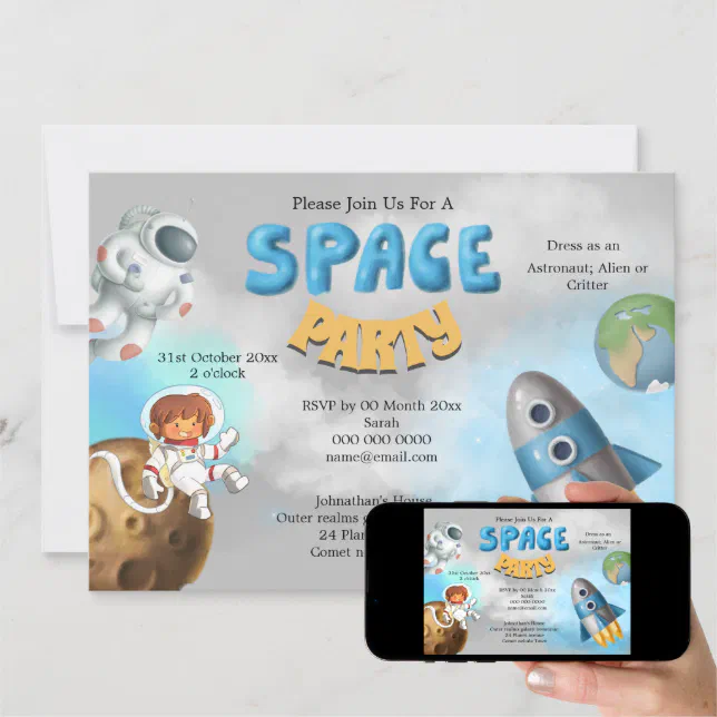 Astronaut space theme cute rocket ship invitation | Zazzle