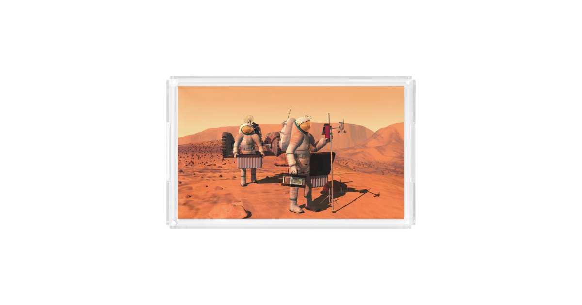 Astronauts Setting Up Weather Equipment On Mars. Acrylic Tray | Zazzle