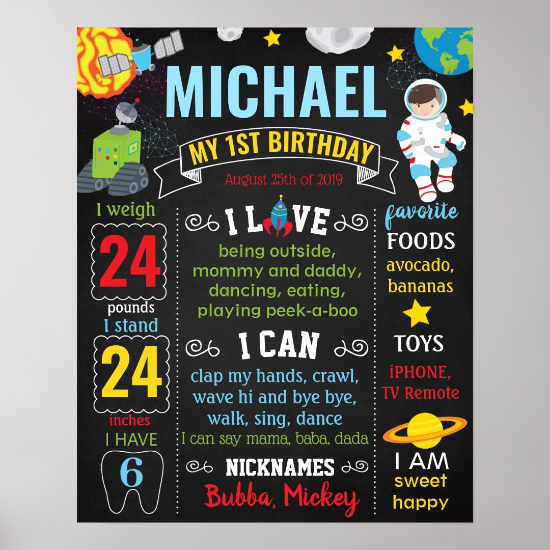 Astronauts Space Birthday chalk board Poster | Zazzle
