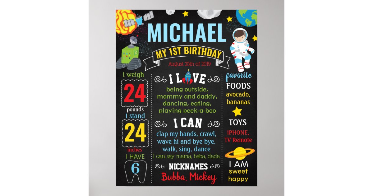 Astronauts Space Birthday chalk board Poster | Zazzle