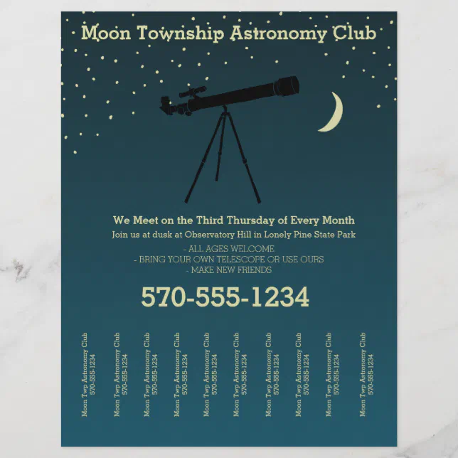 Astronomy Club Telescope and Stars Tear Off Strips Flyer | Zazzle