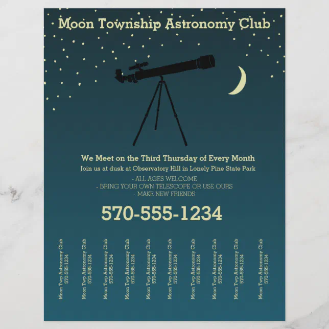 Astronomy Club Telescope and Stars Tear Off Strips Flyer | Zazzle