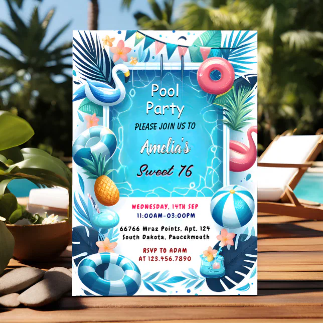 At Boy Fun Teen Adult Pool Party Sweet 16 Birthday Invitation | Zazzle