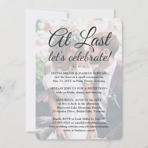 At Last 2 Photo Simple Overlay Wedding Celebration Invitation | Zazzle