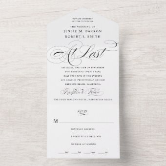 At Last Black and White Calligraphy Wedding All In One Invitation | Zazzle