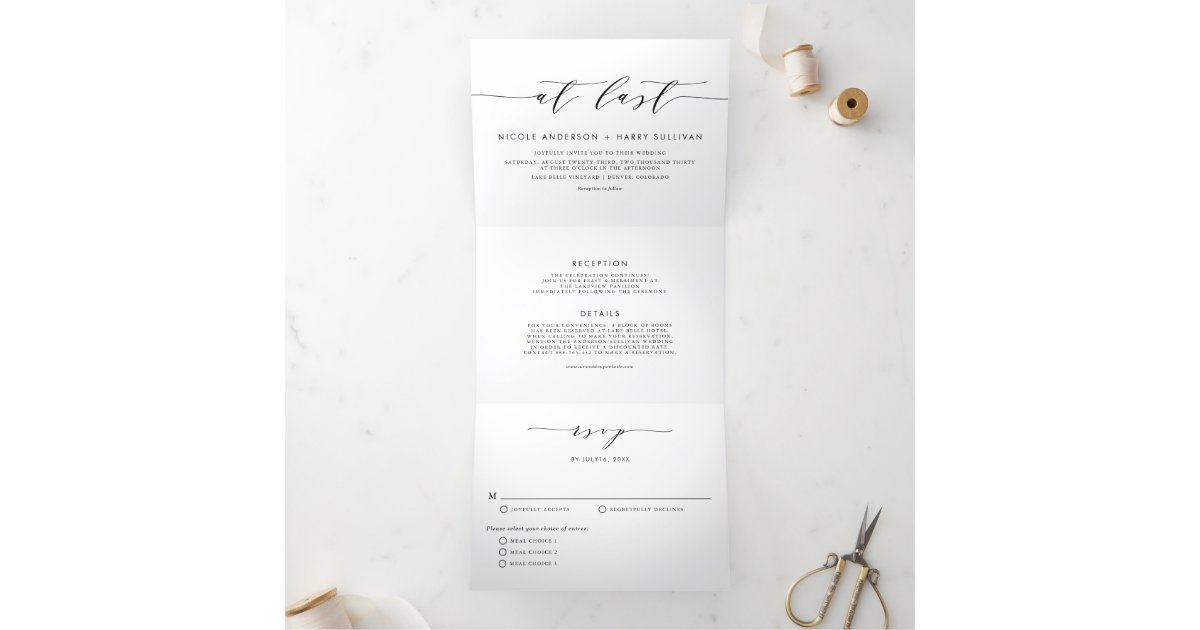 At Last Black Minimalist Script Wedding Tri-Fold Invitation | Zazzle