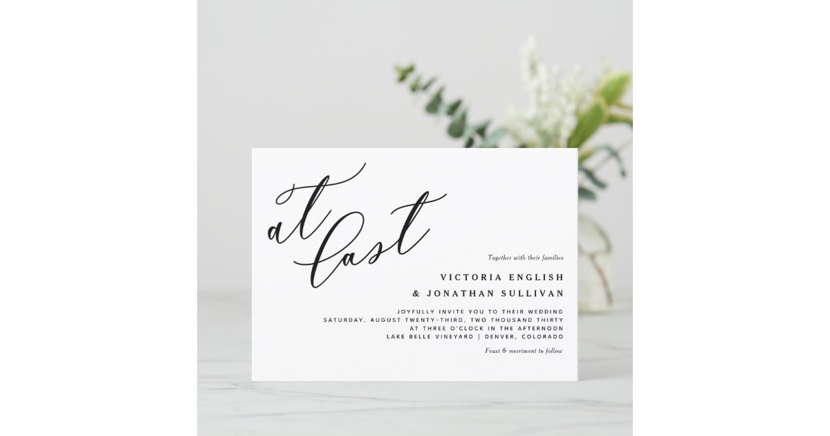 At Last Black Modern Calligraphy Wedding Invitation | Zazzle