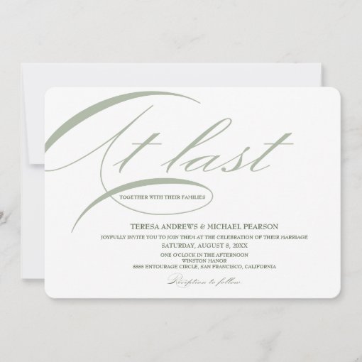 At last Calligraphy Modern Minimalist Sage Green Invitation | Zazzle