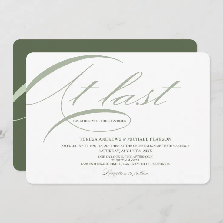 At last Calligraphy Modern Minimalist Sage Green Invitation | Zazzle