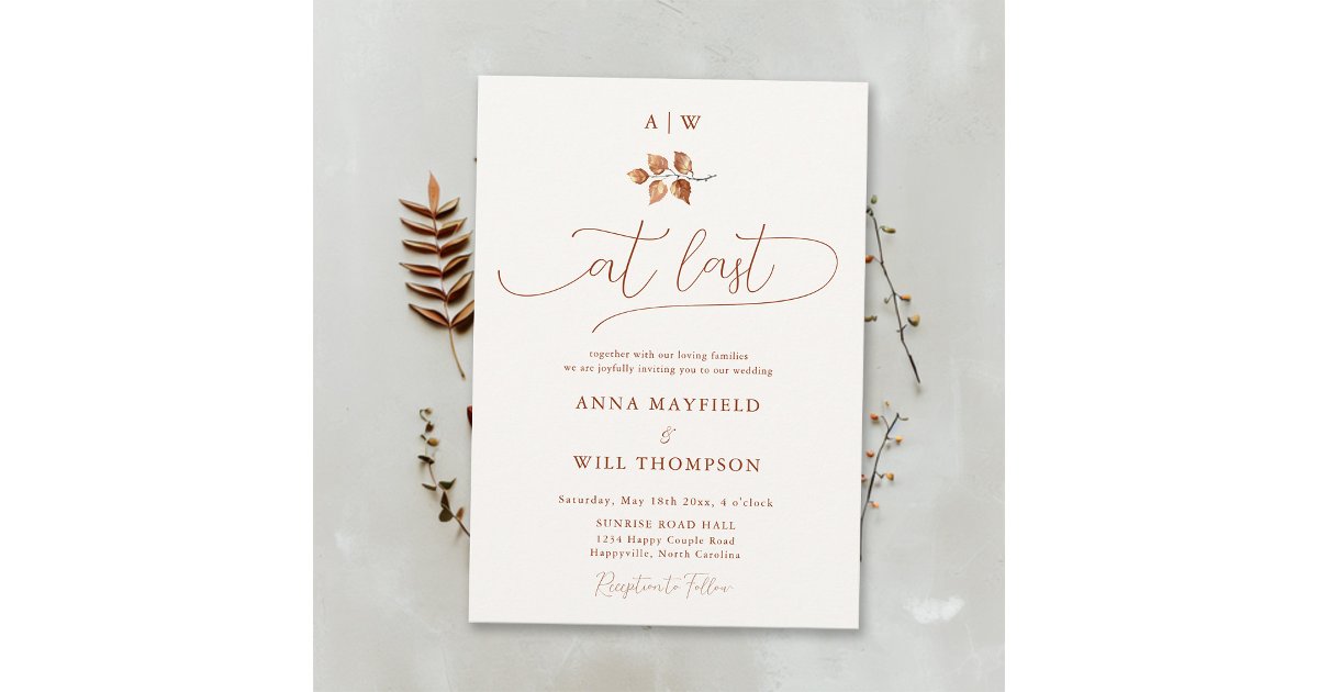 At Last Fall Elegant Calligraphy Foliage Wedding Invitation | Zazzle
