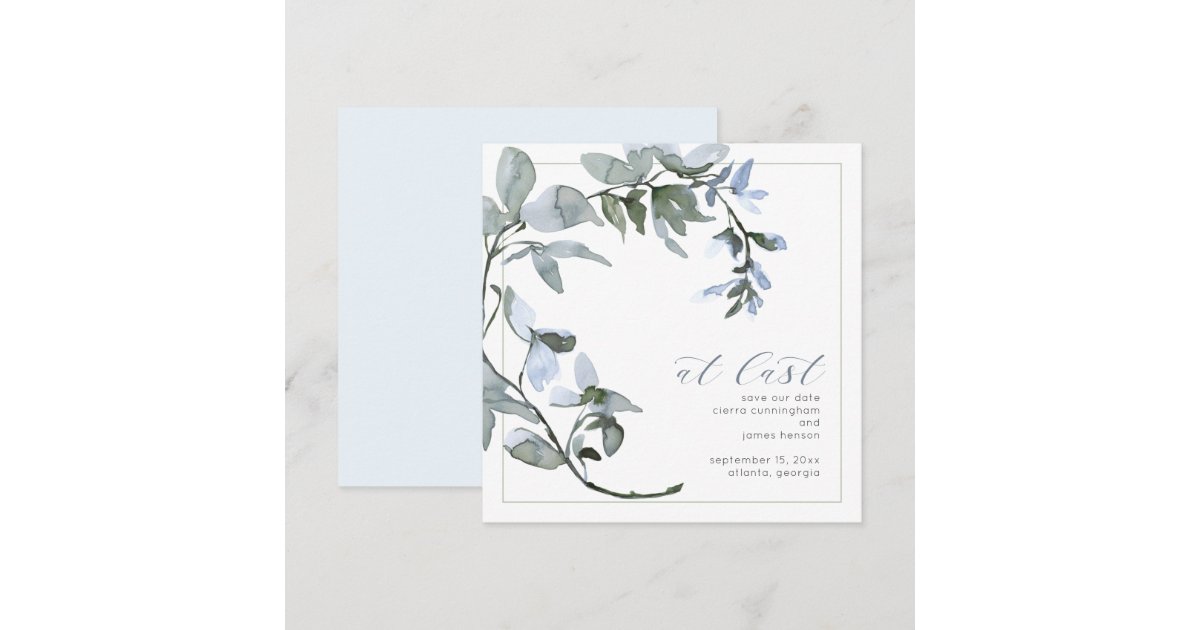 At Last Greenery Powder Blue Floral Save The Date | Zazzle